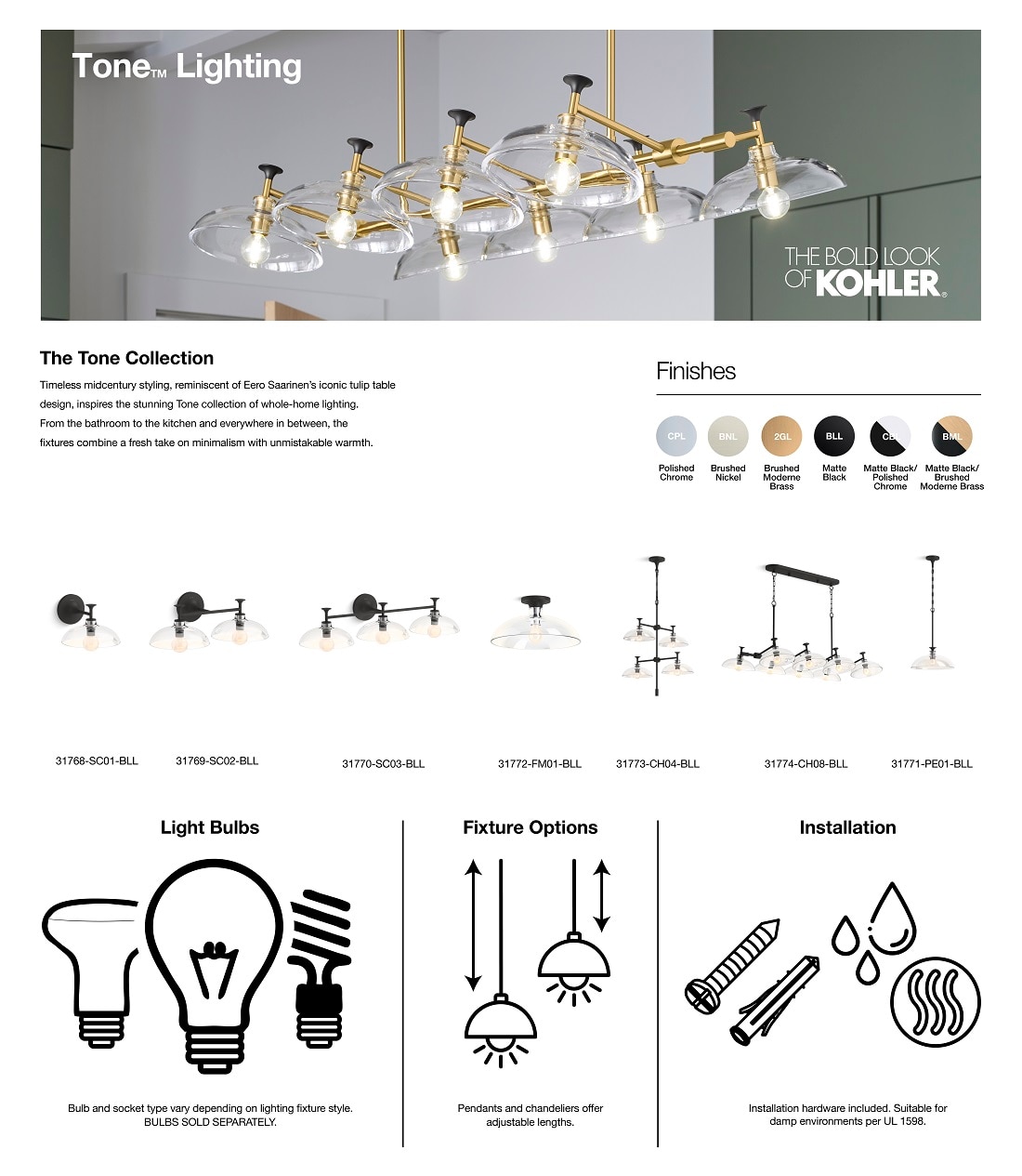 KOHLER Tone 2 Light Brushed Nickel Indoor Bathroom Vanity Light Fixture, UL Listed 31769-SC02 ...